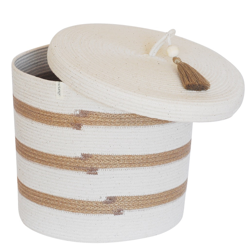Lidded Cylinder Basket - Ivory & Jute Stripes – Mia Mélange