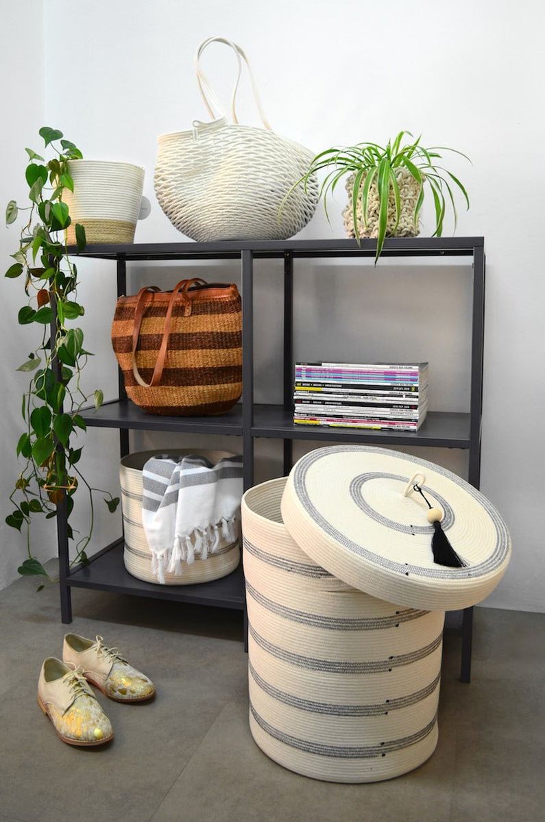Lidded Laundry Basket - Stitched Striped (assorted colours) – Mia Mélange